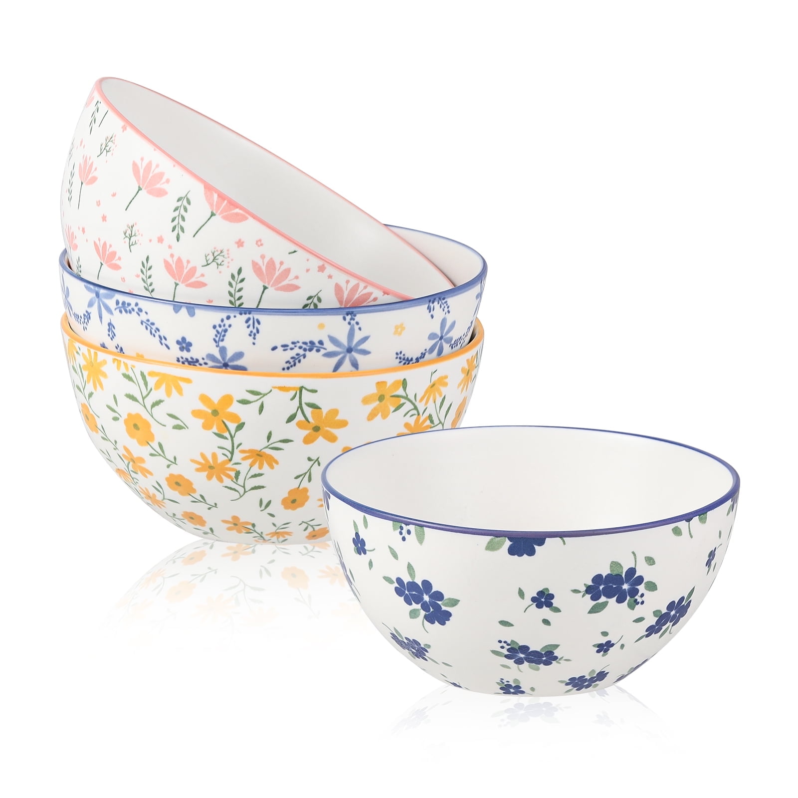 6" Colorful Ceramic Bowls with Floral Patterns - Wide Deep Porcelain ...