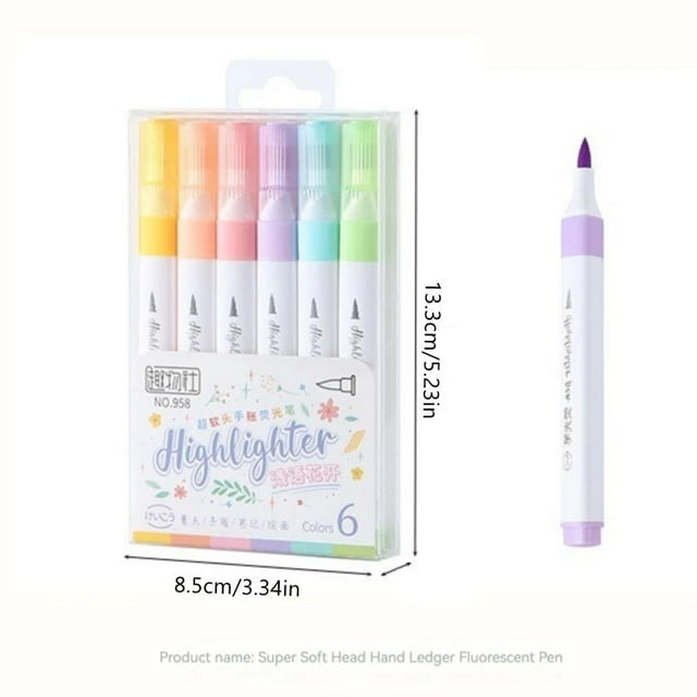 6 Colors Pastel Color Highlighter Pen Set Brush Fluorescent Markers ...