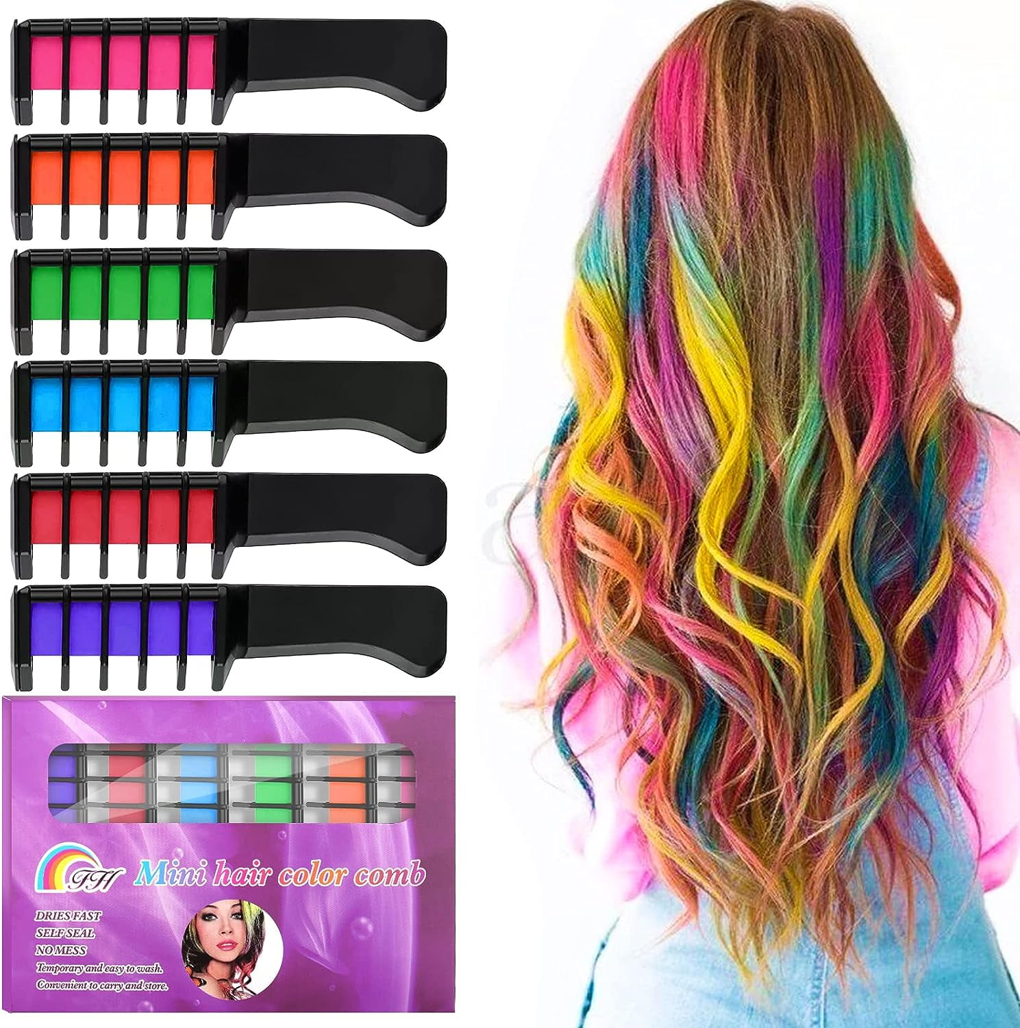 6 Colors Temporary Hair Chalk Combs, Metallic Glitter Hair Chalks ...
