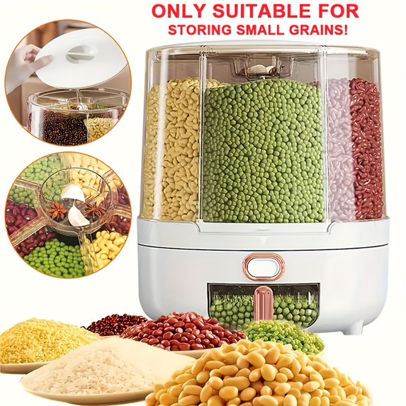 6-Compartment 360° Rotating Grain Dispenser, Airtight Flip-Top Lid ...