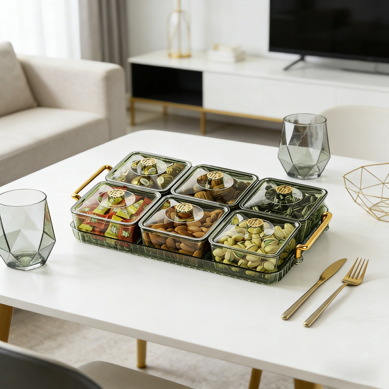 6-Compartment Divided Snack Tray with Lid & Gold Handles - Acrylic ...