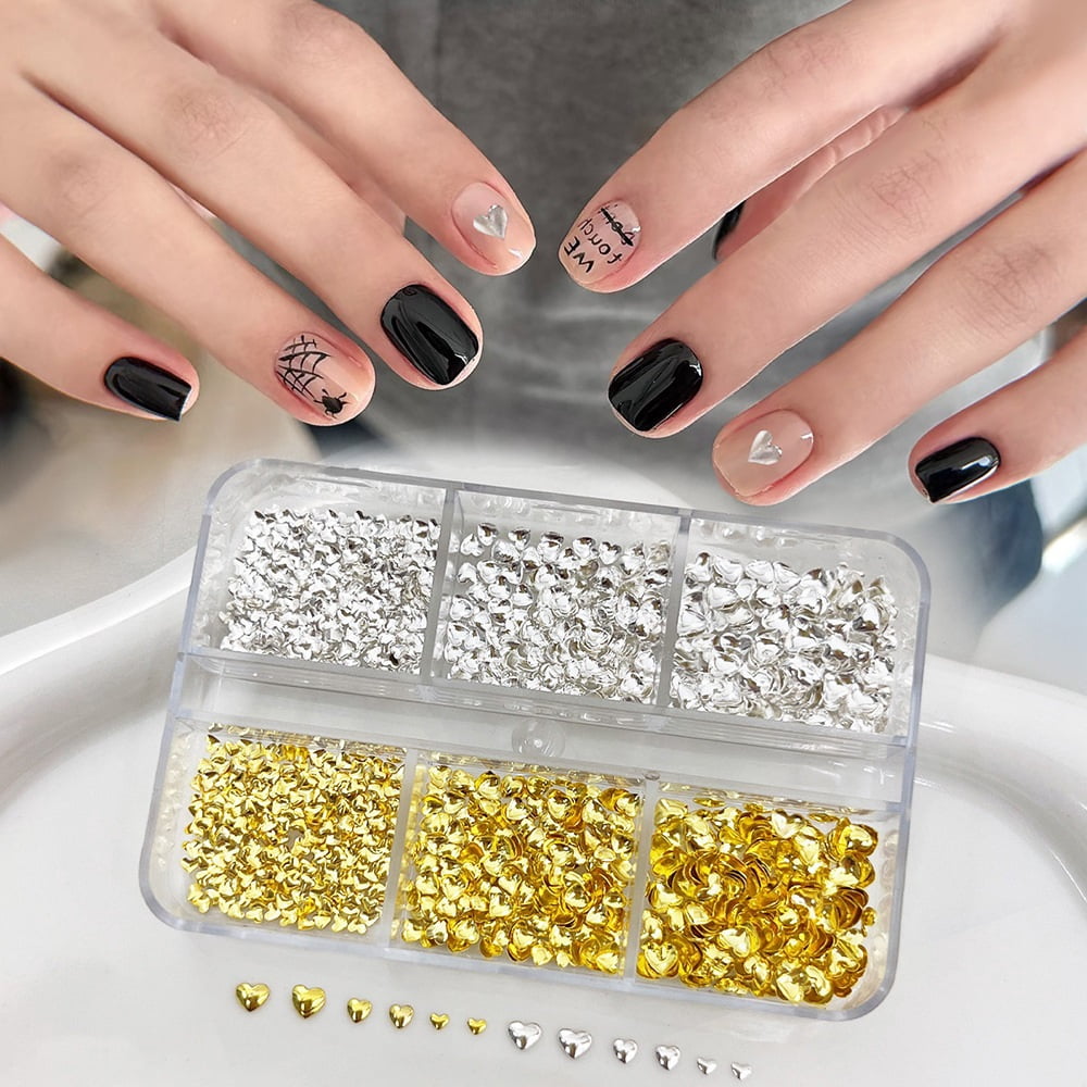 6-Compartment Heart-Shaped Metal Nail Art Accessory Box - Elegant Gold ...