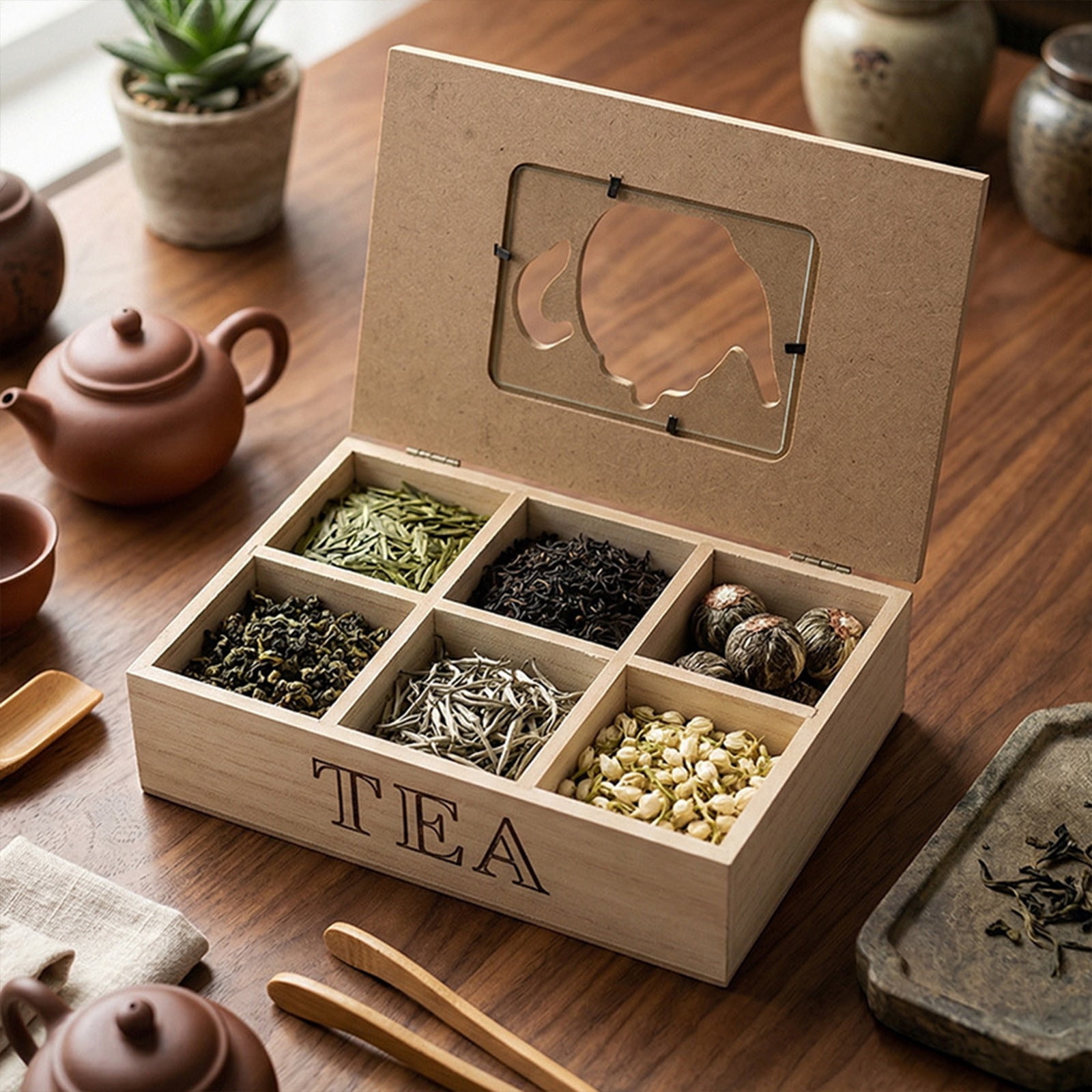 6 Compartment Wood Tea Organizer Box 9.6x5.9 Inch Desktop Storage for ...