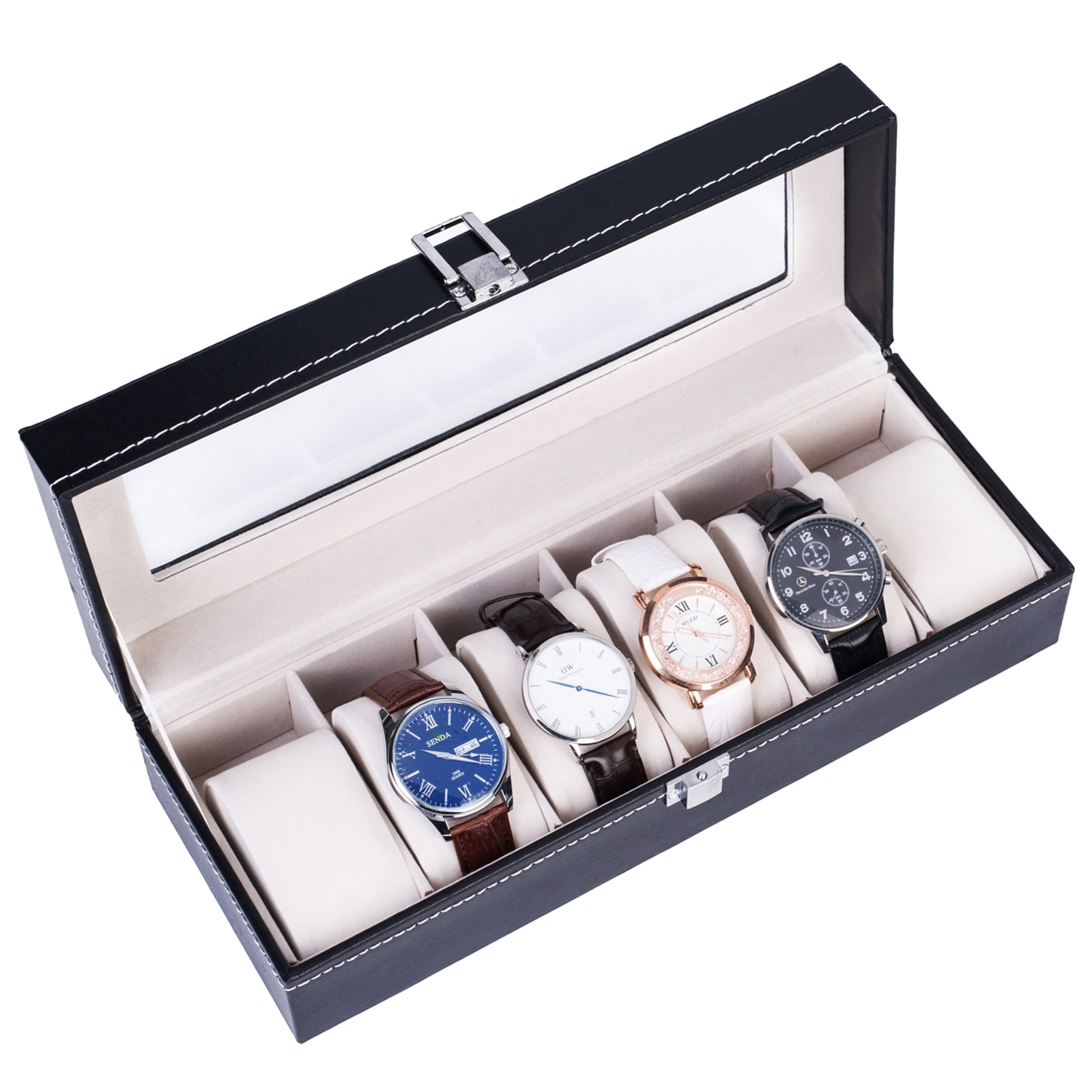 6 Compartments High-grade Leather Watch Collection Storage Box Black ...