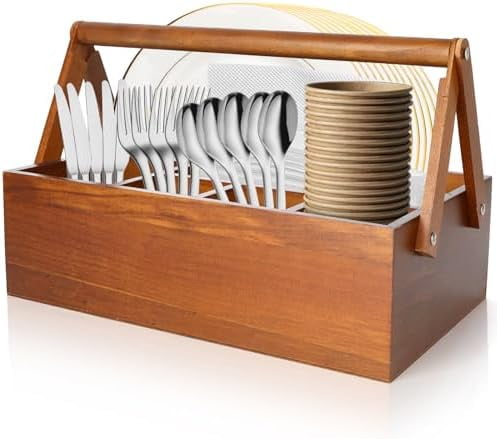 6 Compartments Paper Plate Organizer with Handle for Countertop, Wood ...