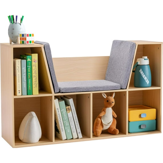 6-Cubby Kids Bookcase with Reading Nook and Cushion Multi-Purpose ...