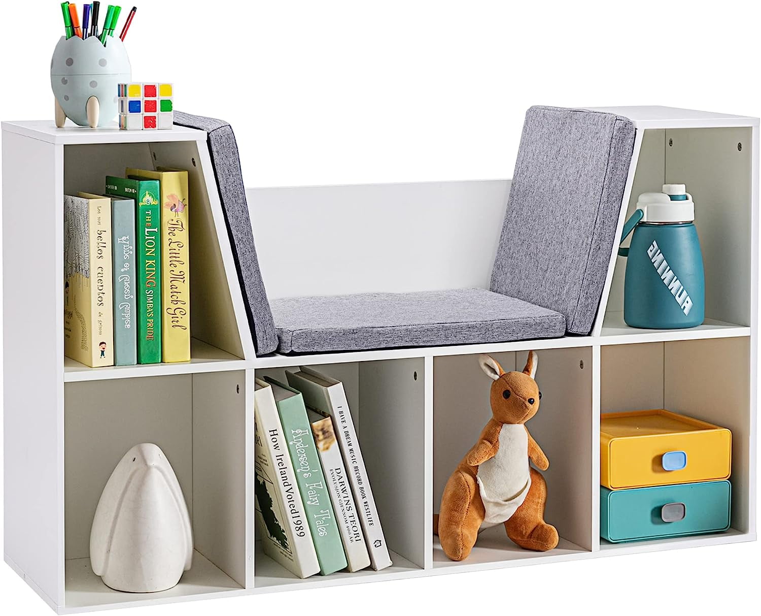 6-Cubby Kids Bookcase with Reading Nook and Cushion, Multi-Purpose ...