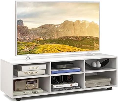 6 Cubby TV Stand for 50+ Inch TV, White Wood TV Media Console Table ...