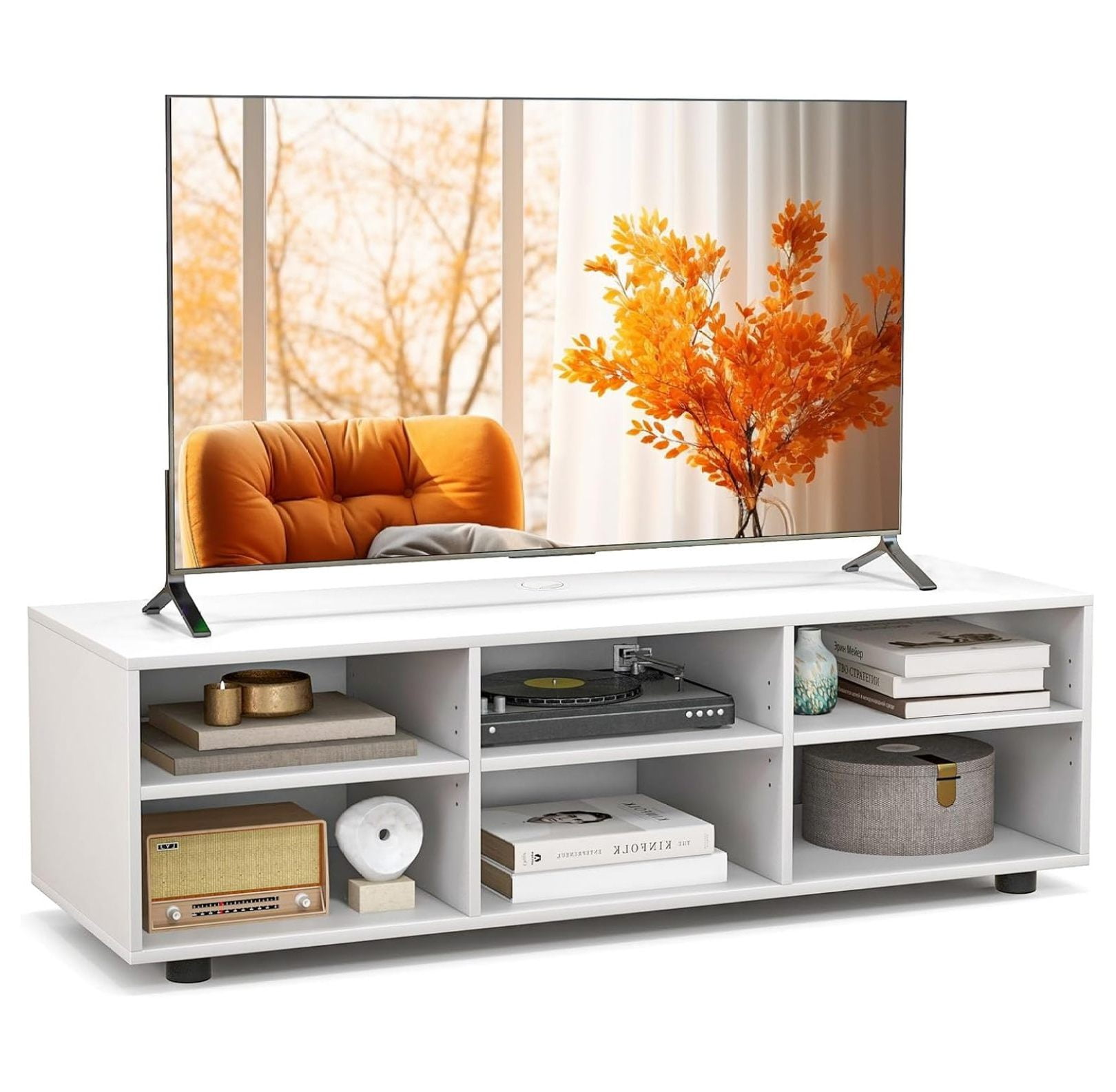 6-Cubby TV Stand for TVs up to 50 Inches, White TV Console Table with ...