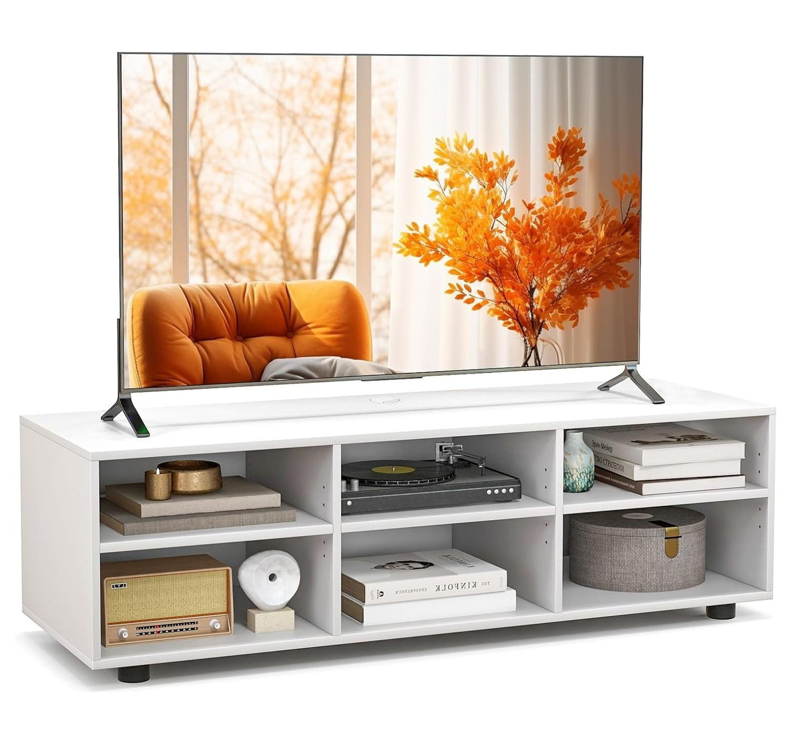6-Cubby TV Stand for TVs up to 50 Inches, White TV Console Table with ...