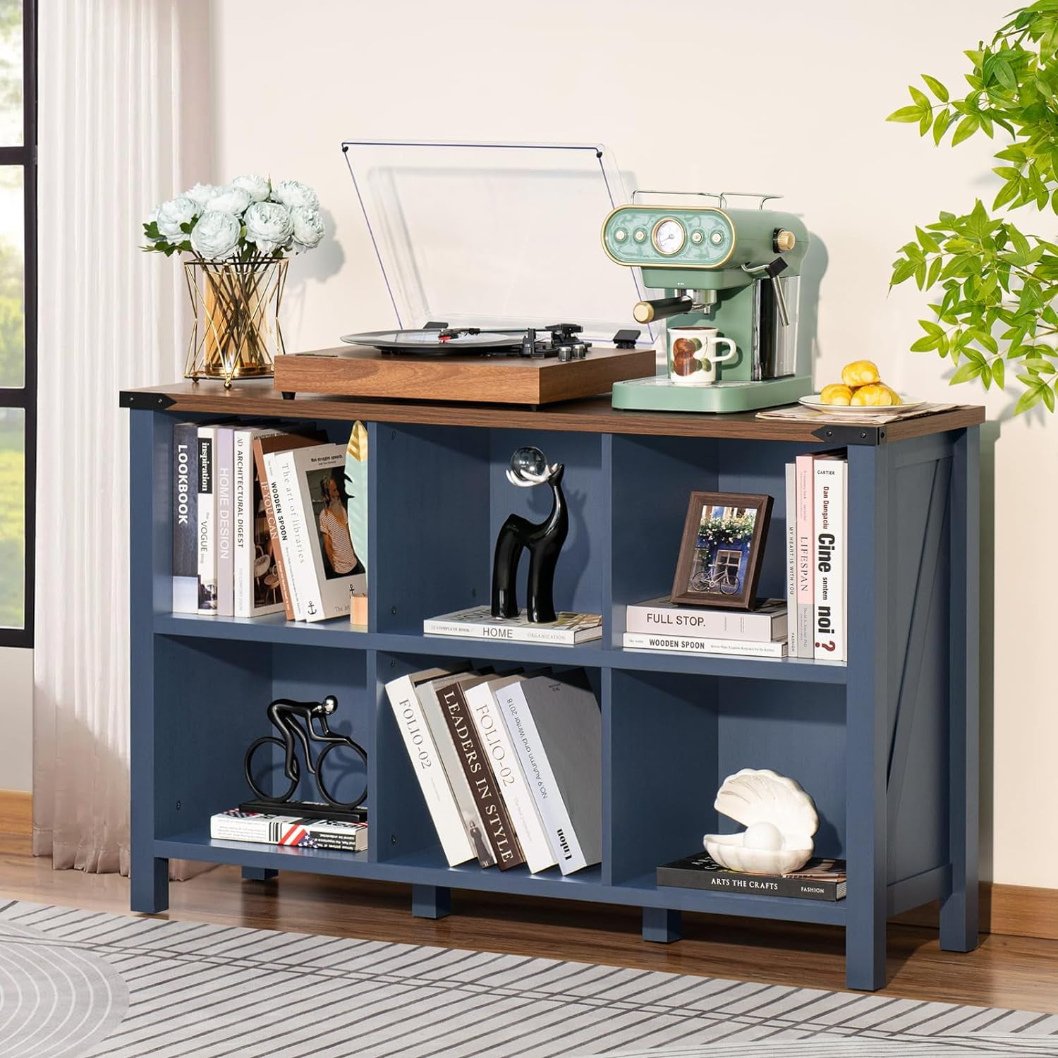 6 Cube Bookcase, Farmhouse Wood Low Storage Organizer Book Shelf, 47 ...