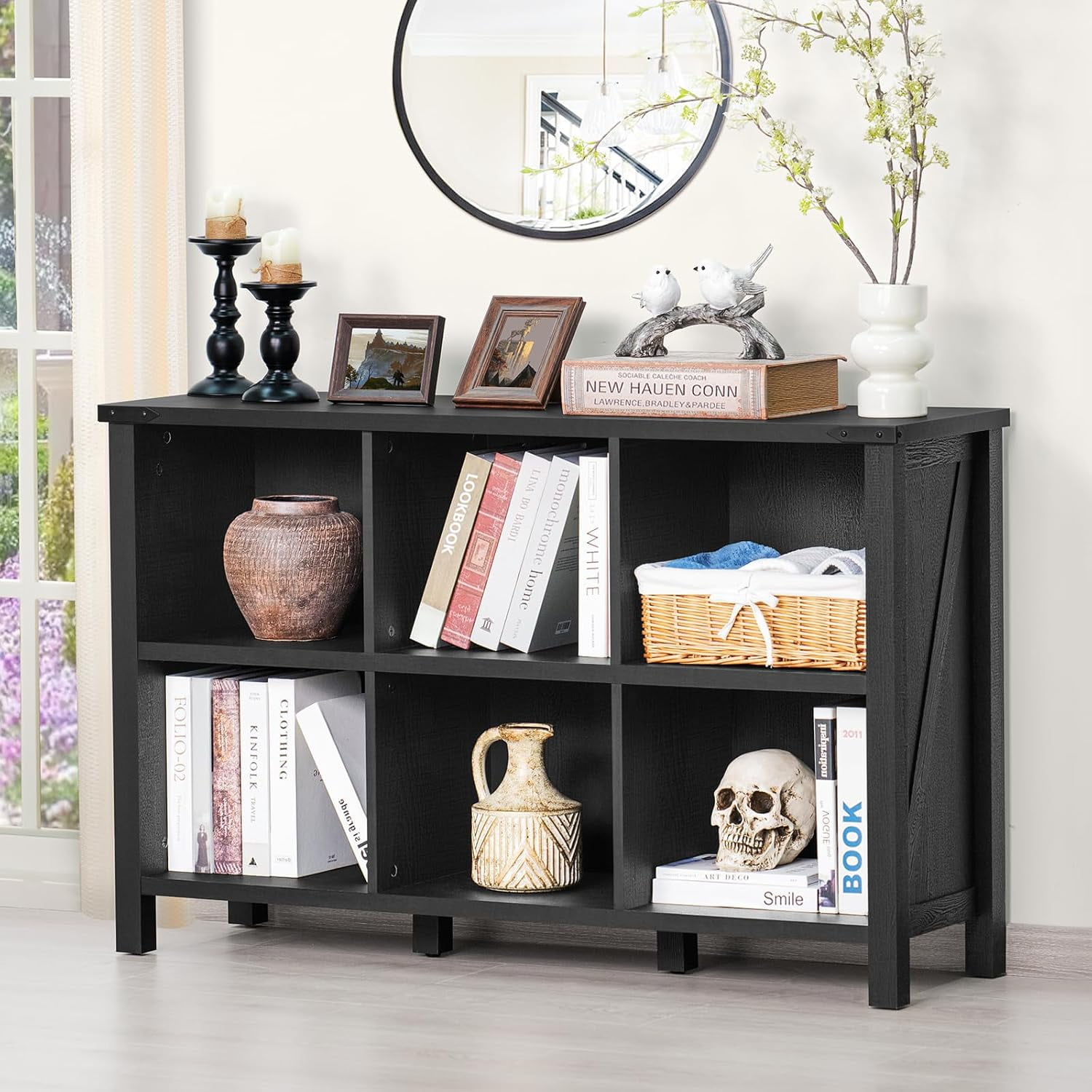 6 Cube Bookcase, Farmhouse Wood Low Storage Organizer Book Shelf, Black ...