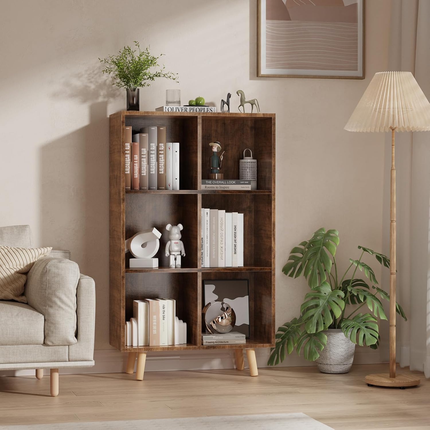 6 Cube Open Bookshelf with Legs,3 Tier Mid-Century Modern Wooden ...