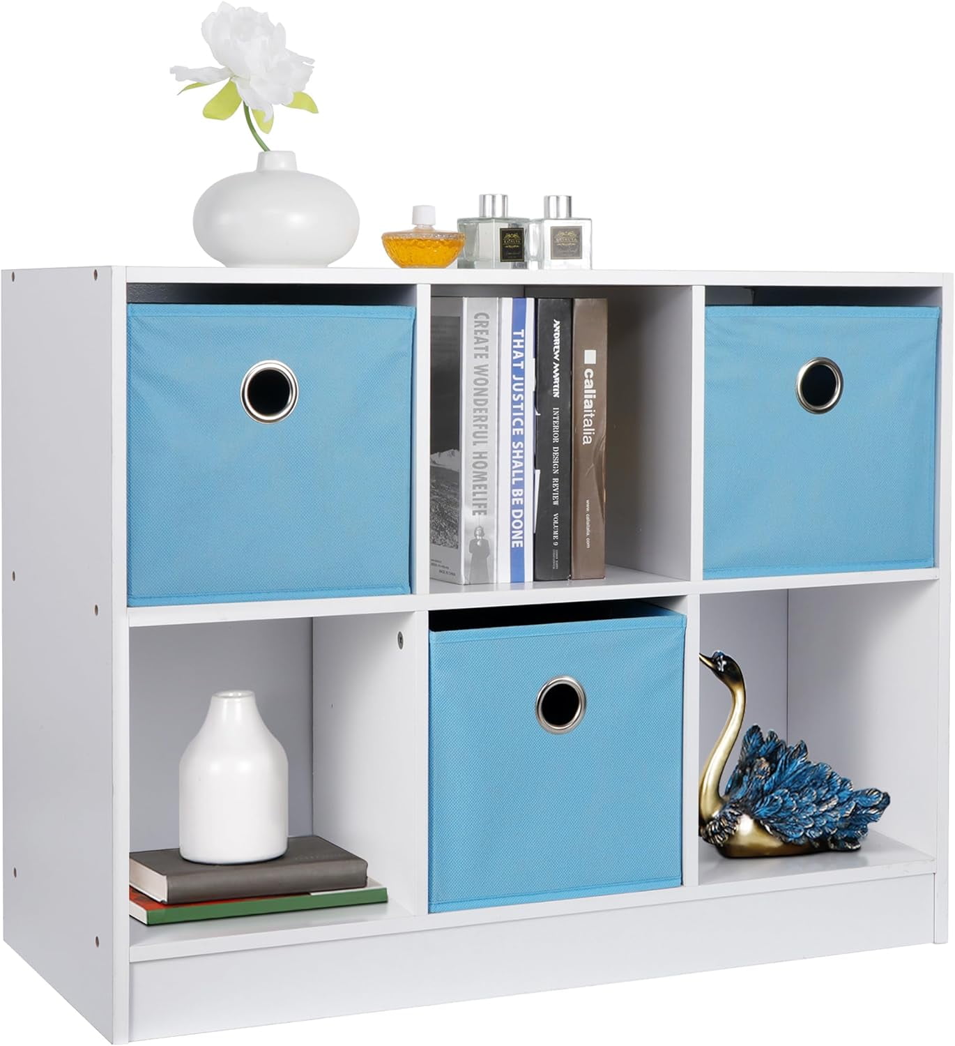 6 Cube Storage Organizer 2 Tier Bookshelf with 3 Bins 3 x 2 Wood Open ...