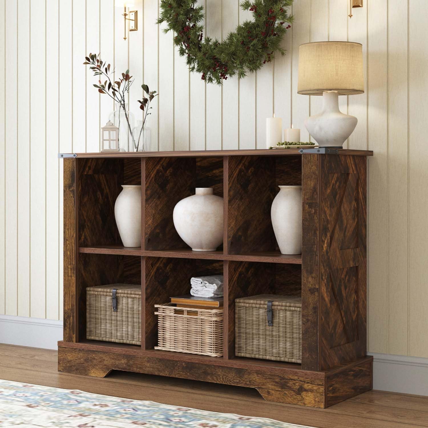 6 Cube Storage Organizer 2 Tier White Bookshelf For Living Room Farmhouse Bookcase With Led