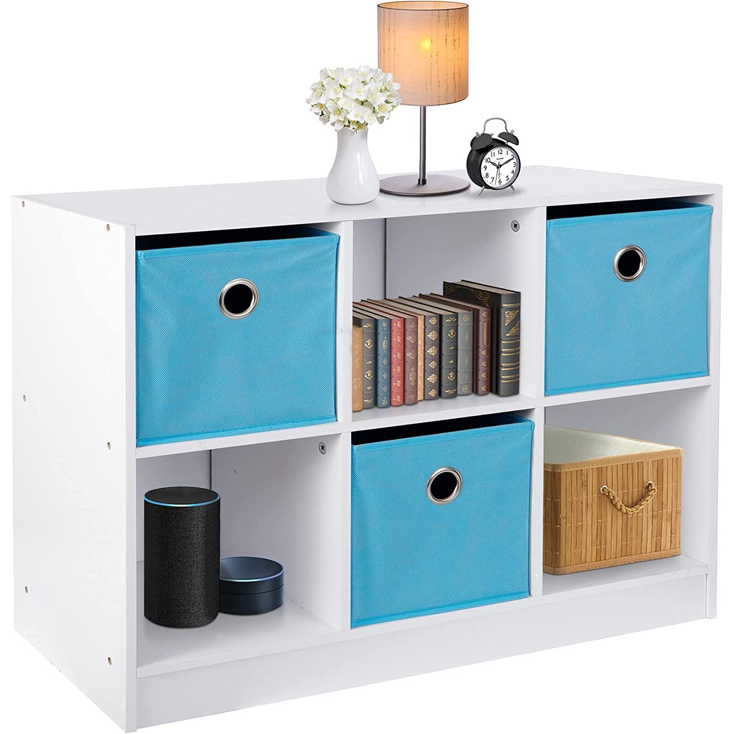 White Wood 6 Cube Organizer, 3x2 Bookshelf with 3 Bins, Display Shelves, White/Light Blue ...