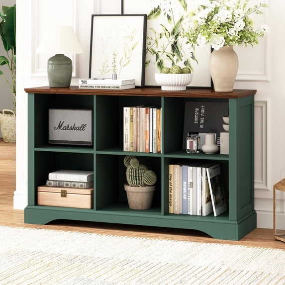 6 Cube Storage Organizer - 47.4" Wood Low Bookshelf, 3 Tier Horizontal ...