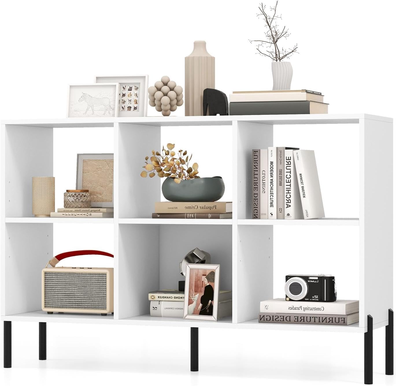 6 Cube Storage Organizer Bookshelf, 3-Tier Wood Open Bookcase with 5 ...