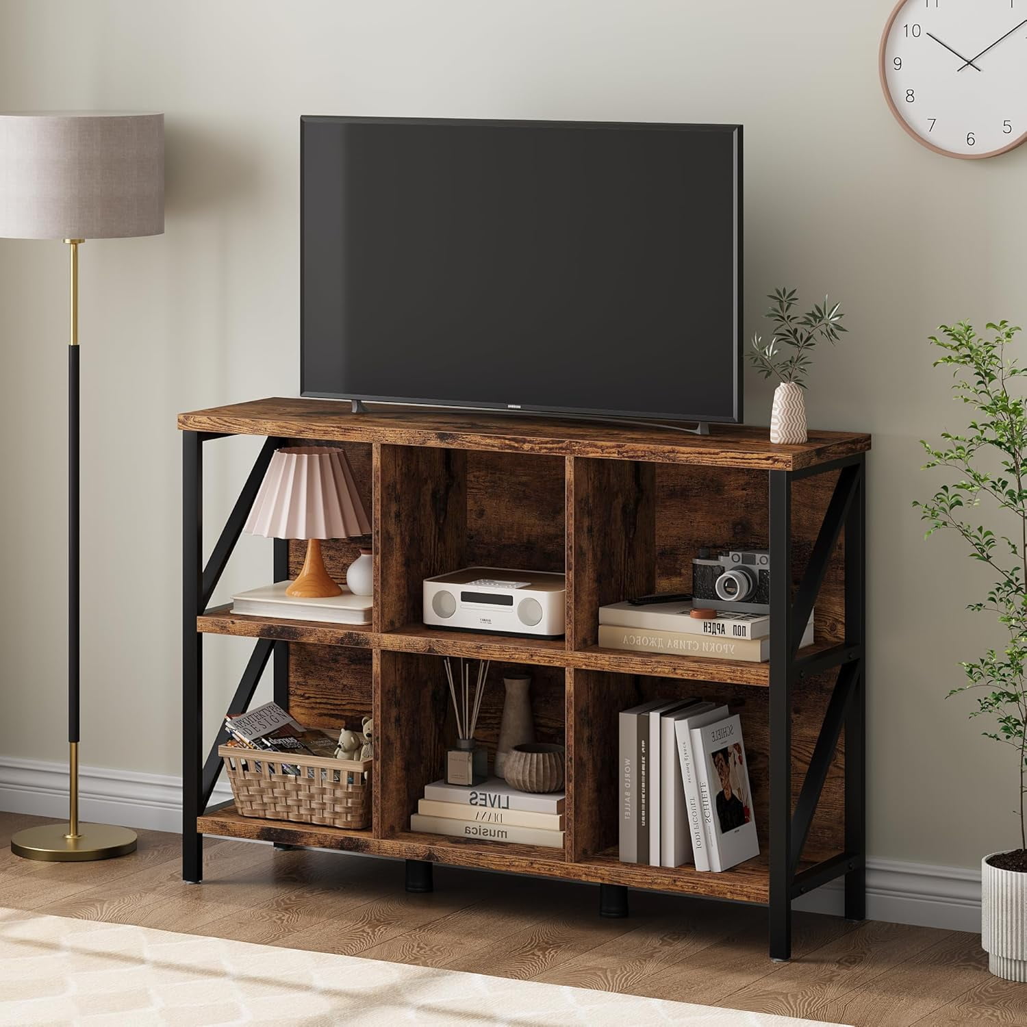 6-Cube Storage Organizer, Industrial Low Bookshelf with Metal Frame ...