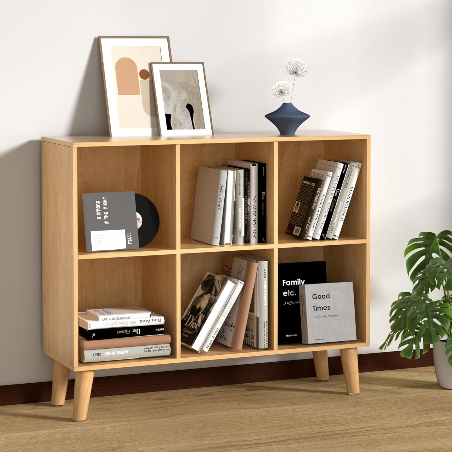 6 Cube Storage Organizer with Legs, 2 Tier Cube Low Horizontal Bookcase ...