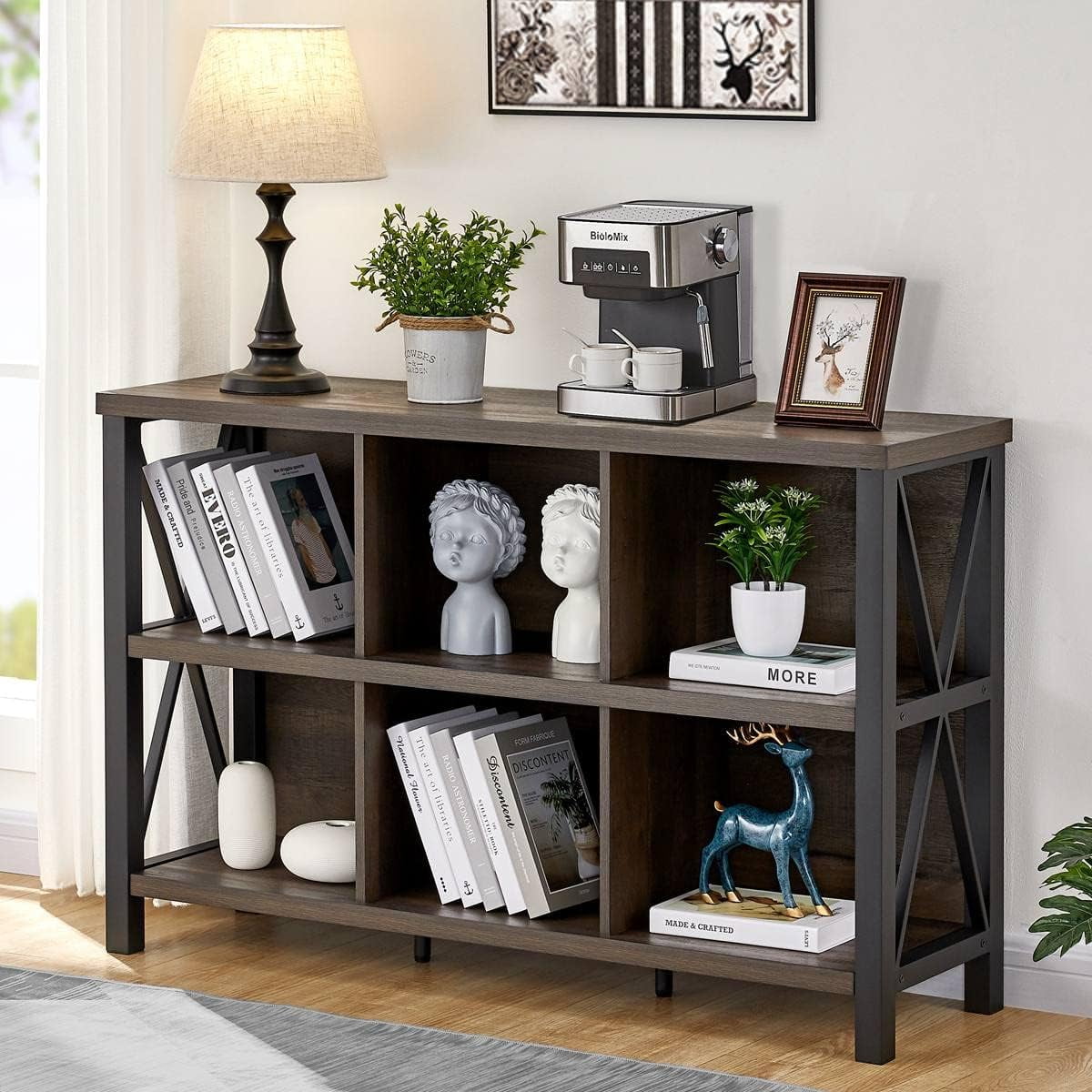 6 Cube Storage Organizer with Shelf Long Wood and Metal Cubby Bookcase ...