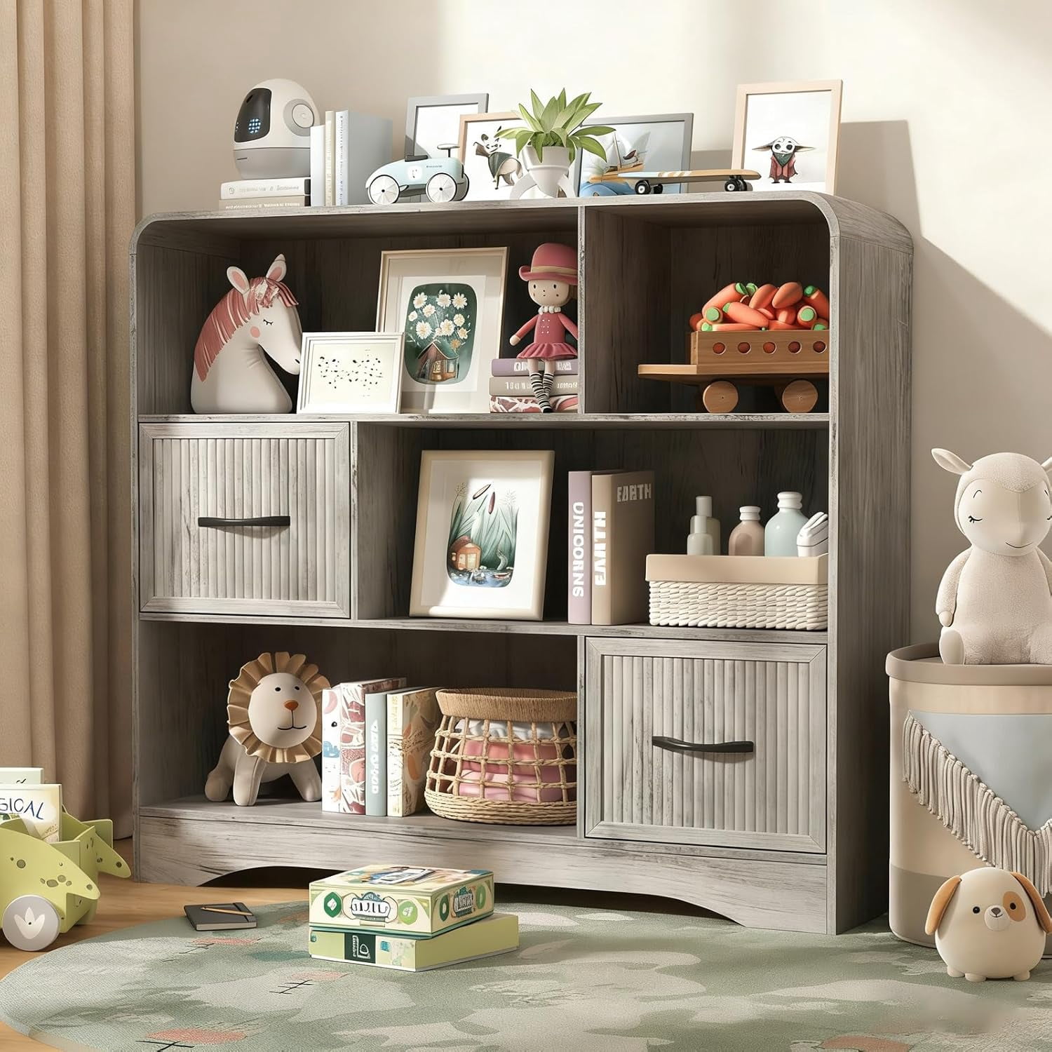 6 Cube Storage Organizer with 2 Fabric Bins, 48" Wide Cube Bookshelf ...