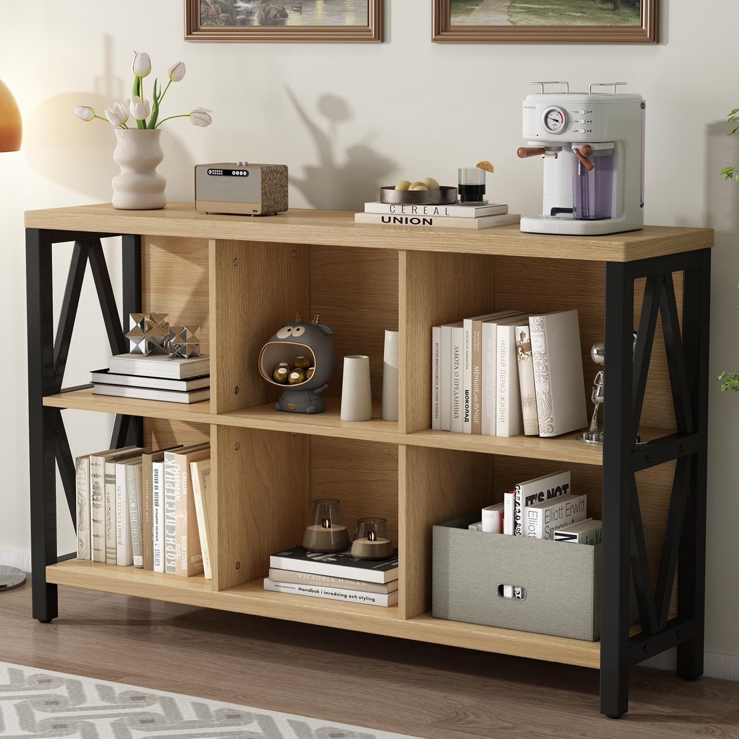 6 Cube Storage Organizer with Shelf,Wood and Metal Low Short Bookcase ...