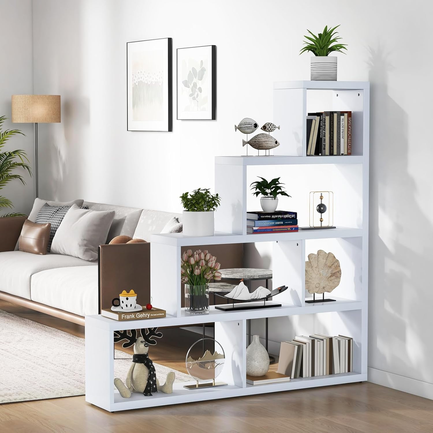 6 Cubes Bookshelf, L Shaped Ladder Corner Open Bookshelf, 4 Tier ...