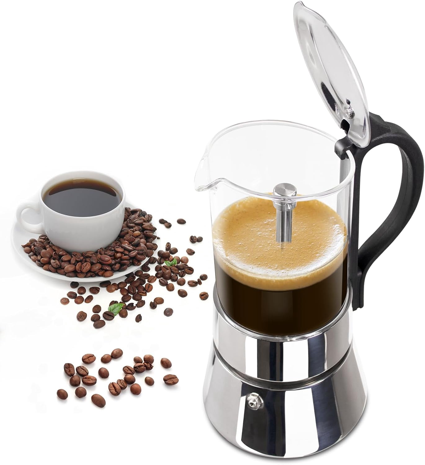 6 Cup Glass Transparent Moka Pot Stainless Steel Uncoated Stovetop ...