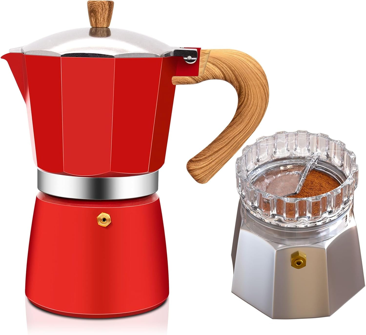 6 Cup Red Aluminum Espresso Stovetop Moka Pot with 72mm Moka Pot Dosing ...