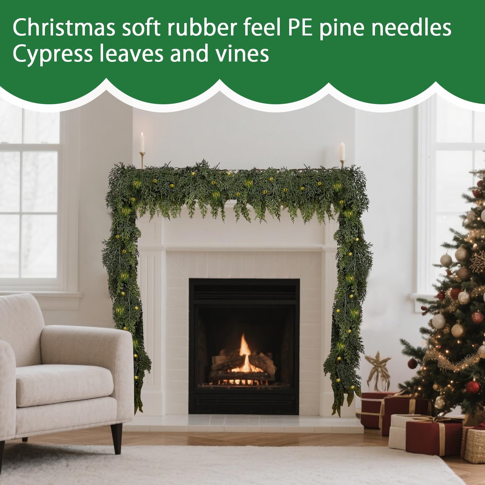 6' Cypress Leaf Cane Garland, Real Touch Winter Pine Tree Garland ...