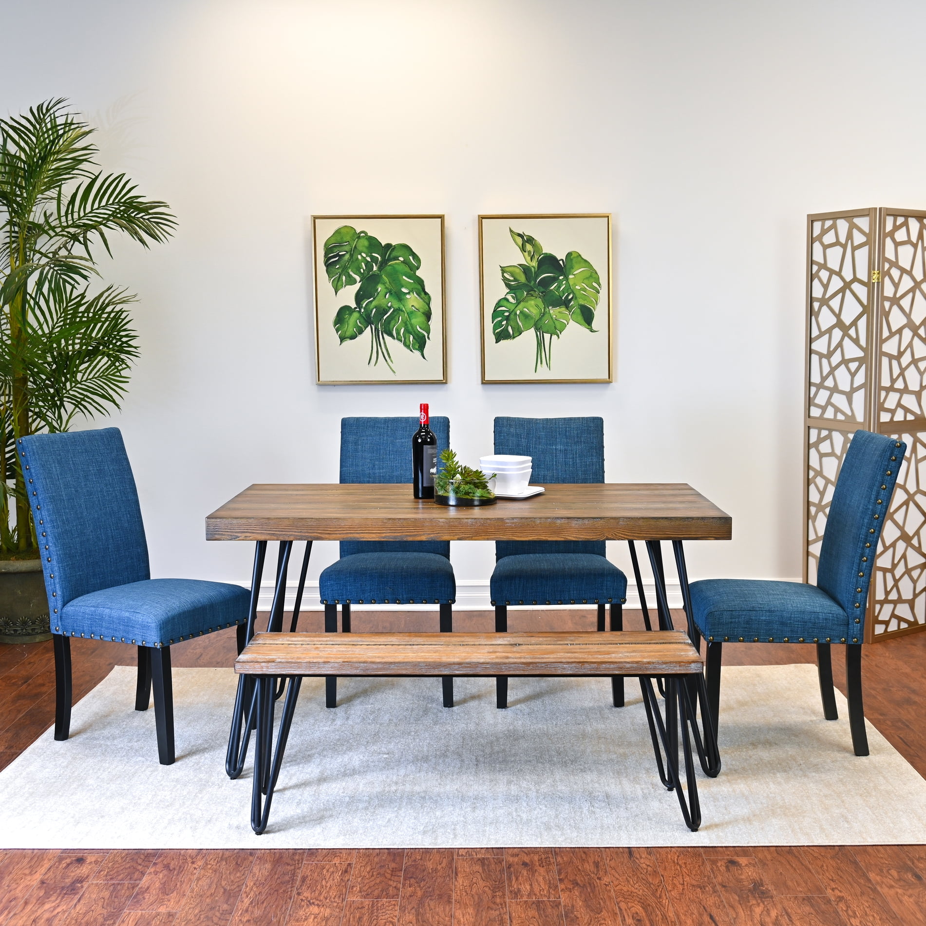 6 Dining Arrangement: Hairpin Table, 4 Chairs & Bench, Dark Pine Hue ...