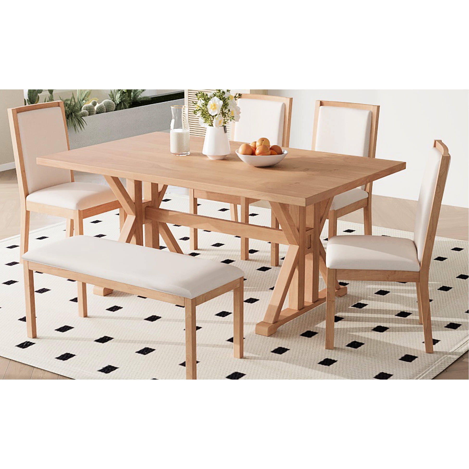 6 Dining Collection, Trestle Legged Table And Upholstered Seats ...