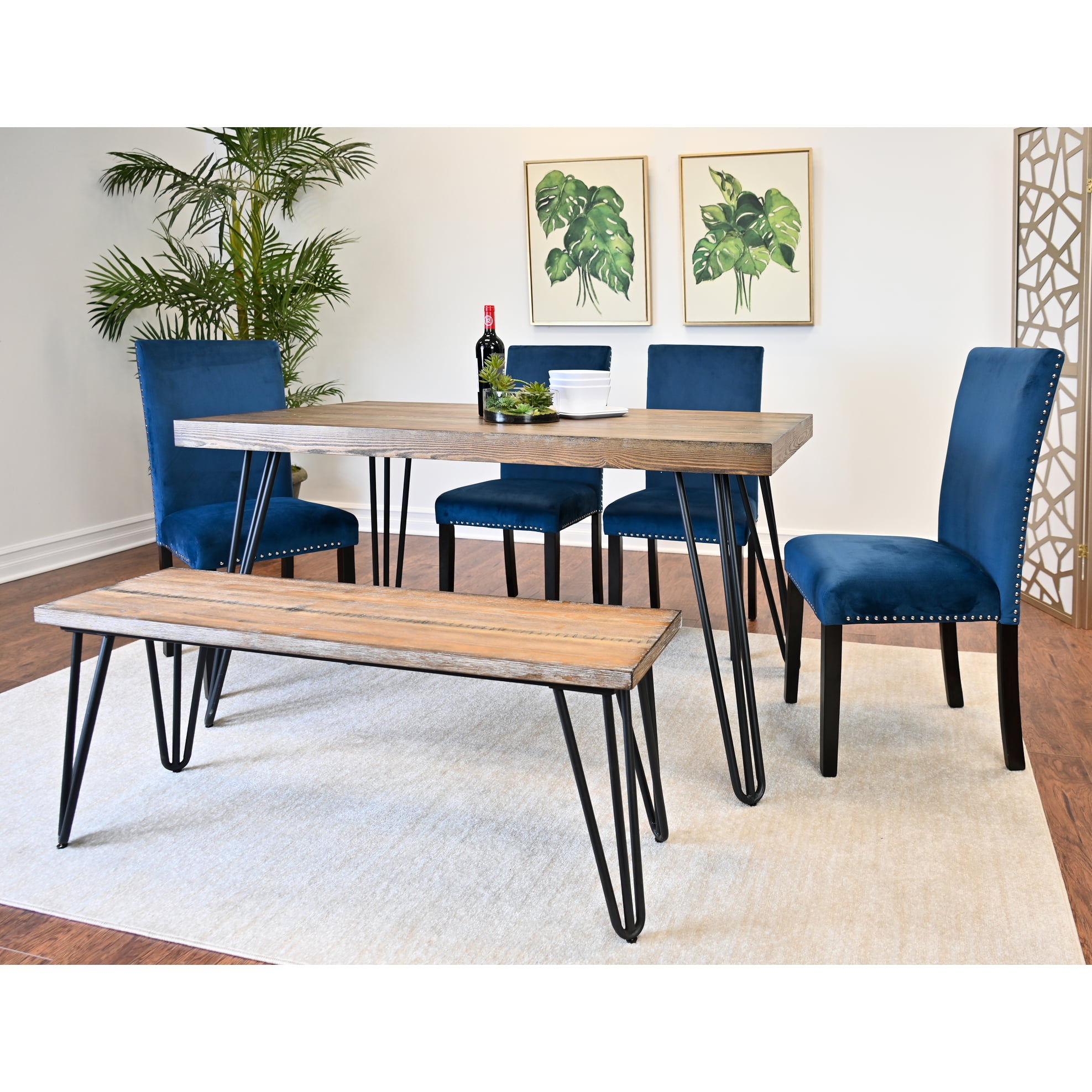 6 Dining: Metal Leg Table, 4 Chairs, Bench, Engineered Wood Dining ...
