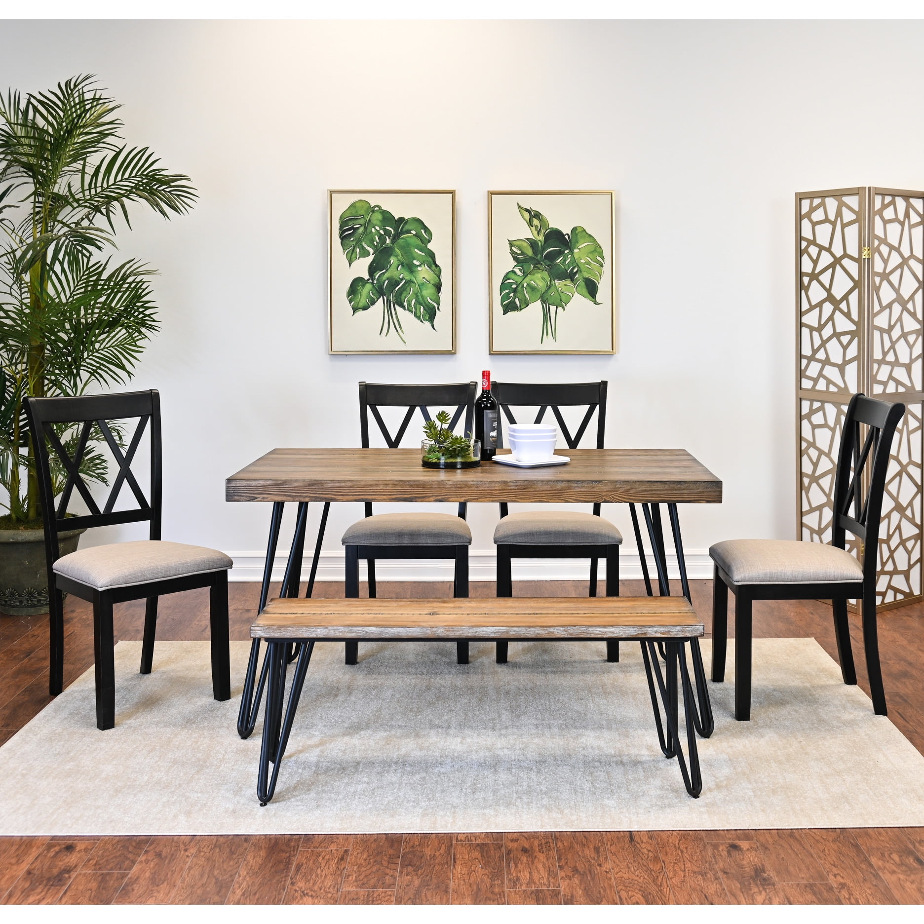 6 Dining Package: Hairpin Table, 4 Chairs, Bench With Style Elegant ...