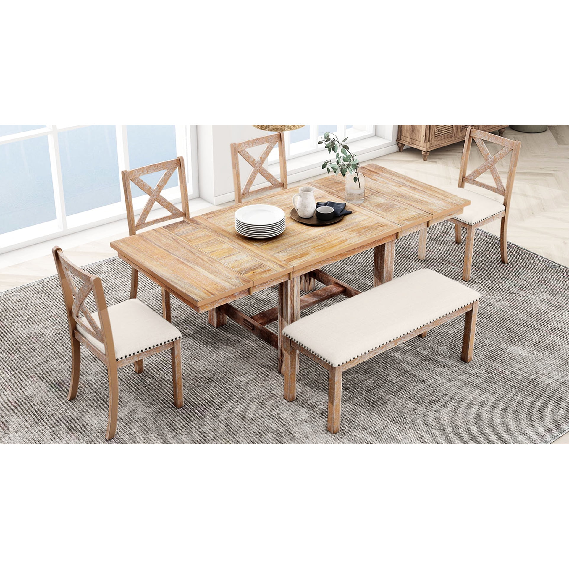 6 Dining Table With 82inch Extendable & Footrest, 4 Comfortable Chairs ...