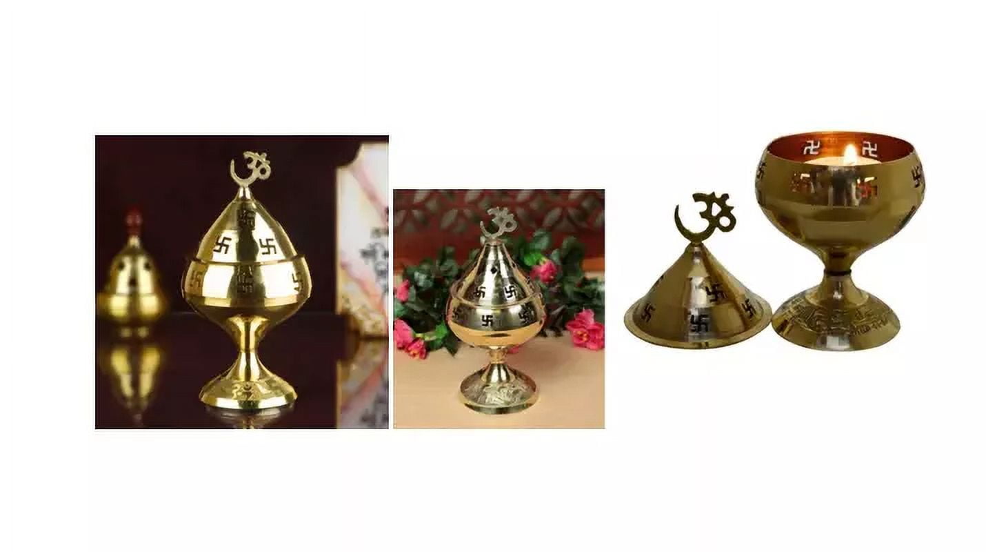 6" Diwali Brass Om and Swastik Akhand Diya Deepak Oil lamp & Pooja Jyot Wick - Walmart.com