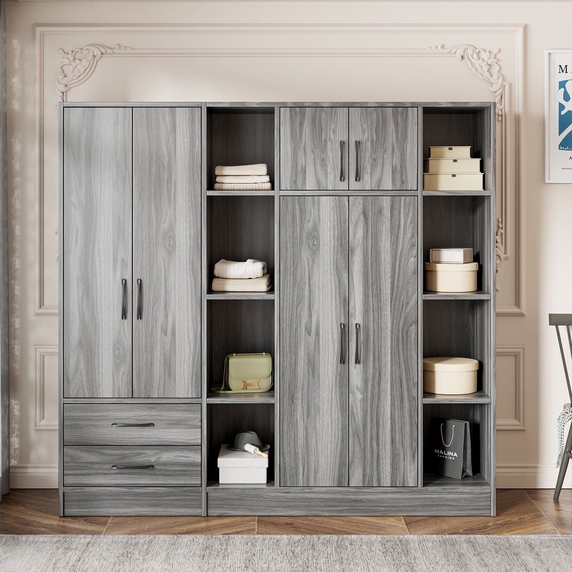 6-Door Particle Board Wardrobe with Drawers and Shelves, Gray Storage ...
