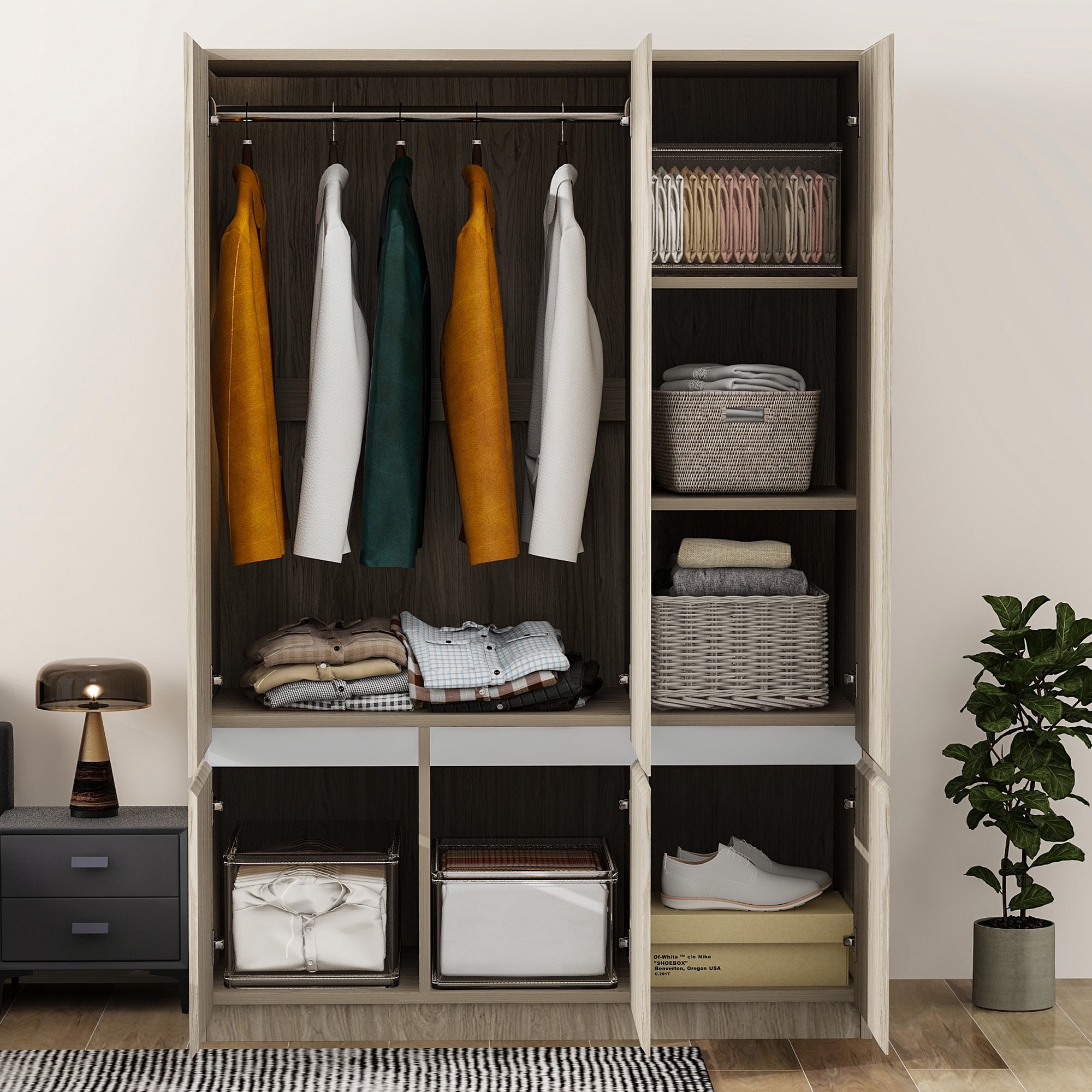 6-Doors Wooden Wardrobe Closet Storage Armoire with Multi-Layer Shelves ...
