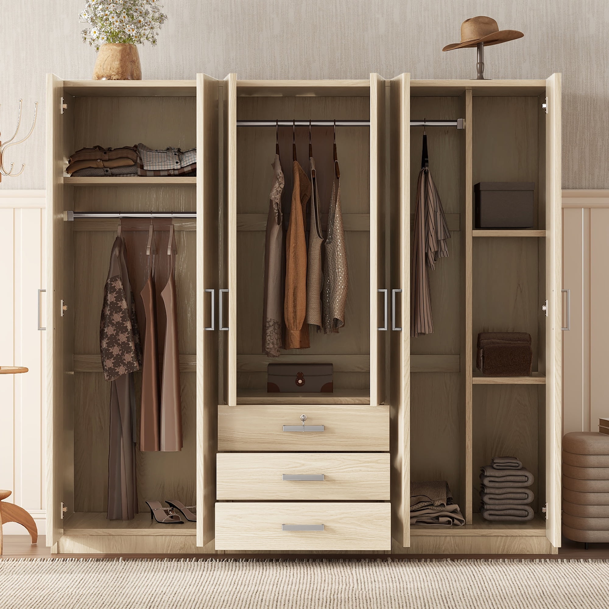 6-Doors Wooden Wardrobe Storage for Bedroom, with Big Drawers, Brown ...