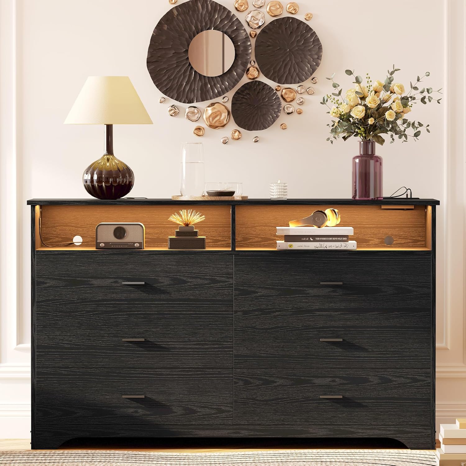 6 Drawer 59" Black Dresser with LED and Power Strip, Dressers & Chests ...