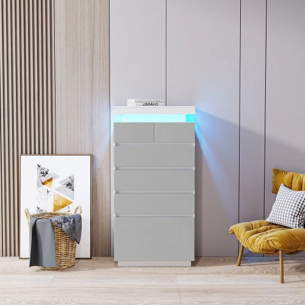 6 Drawer Chest with LED Lights, Modern Floor Storage Cabinet with Metal ...