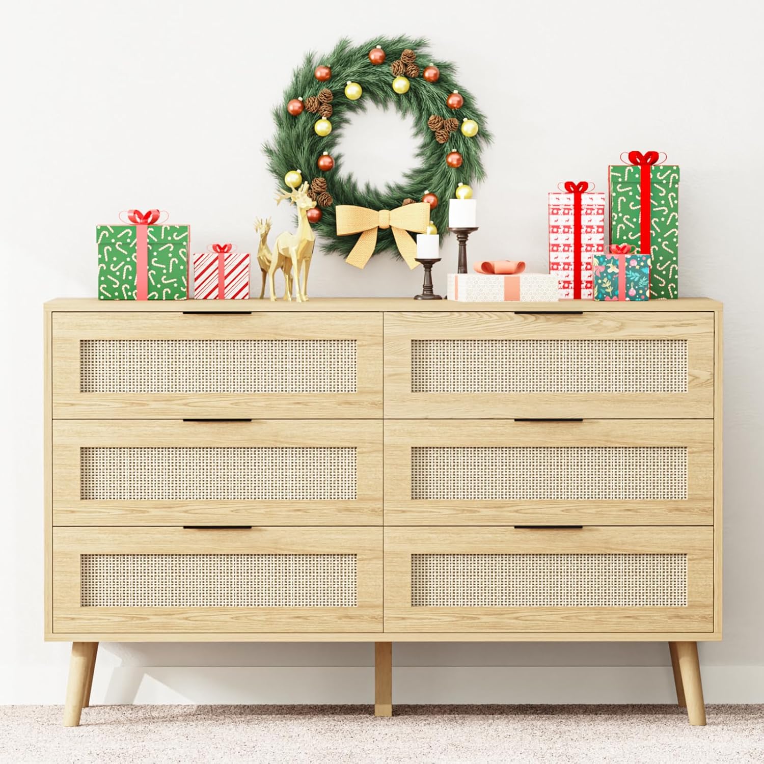 6 Drawer Double Dresser for Bedroom, Natural Rattan Chest with Drawers ...