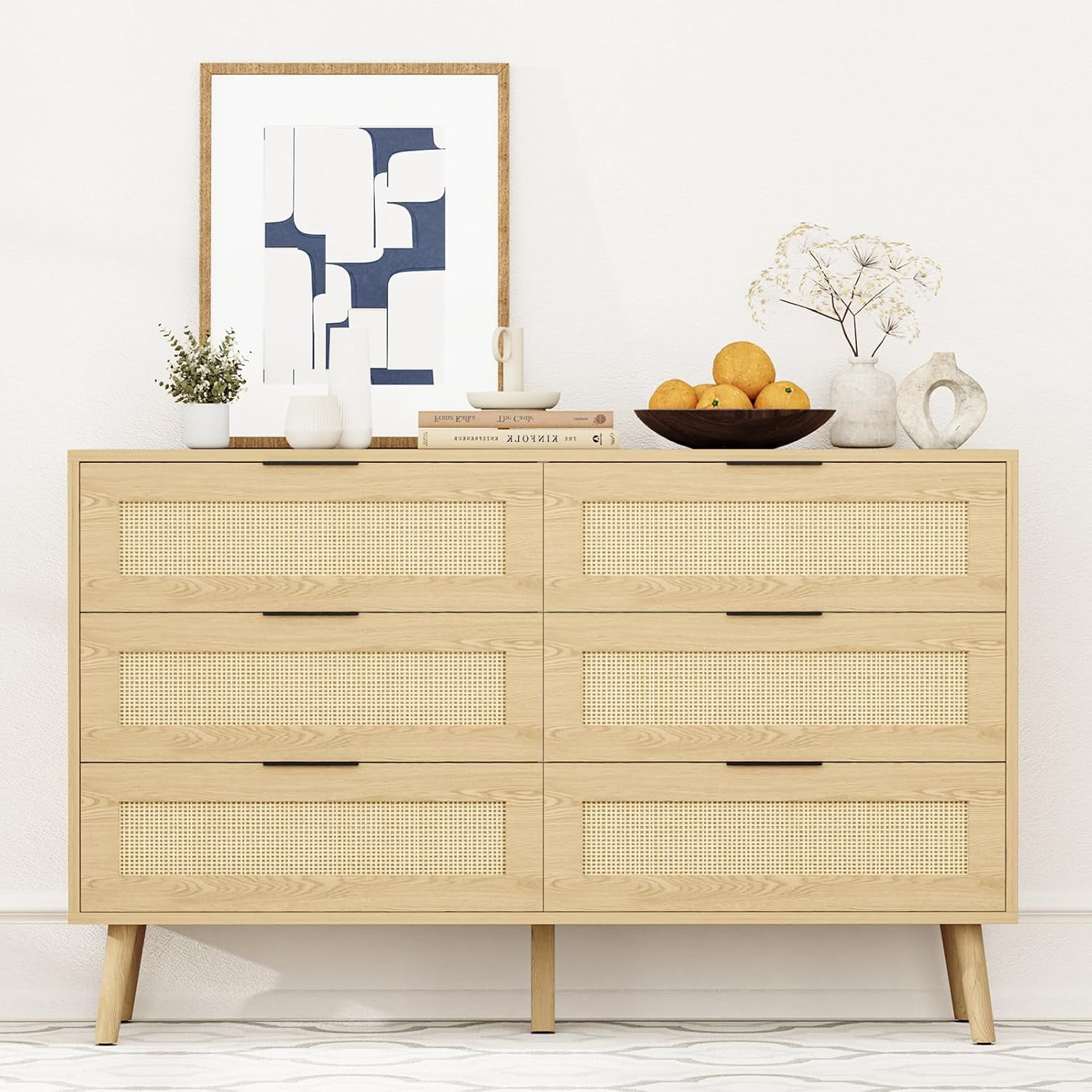 6 Drawer Double Dresser for Bedroom, Natural Rattan Chest with Drawers ...