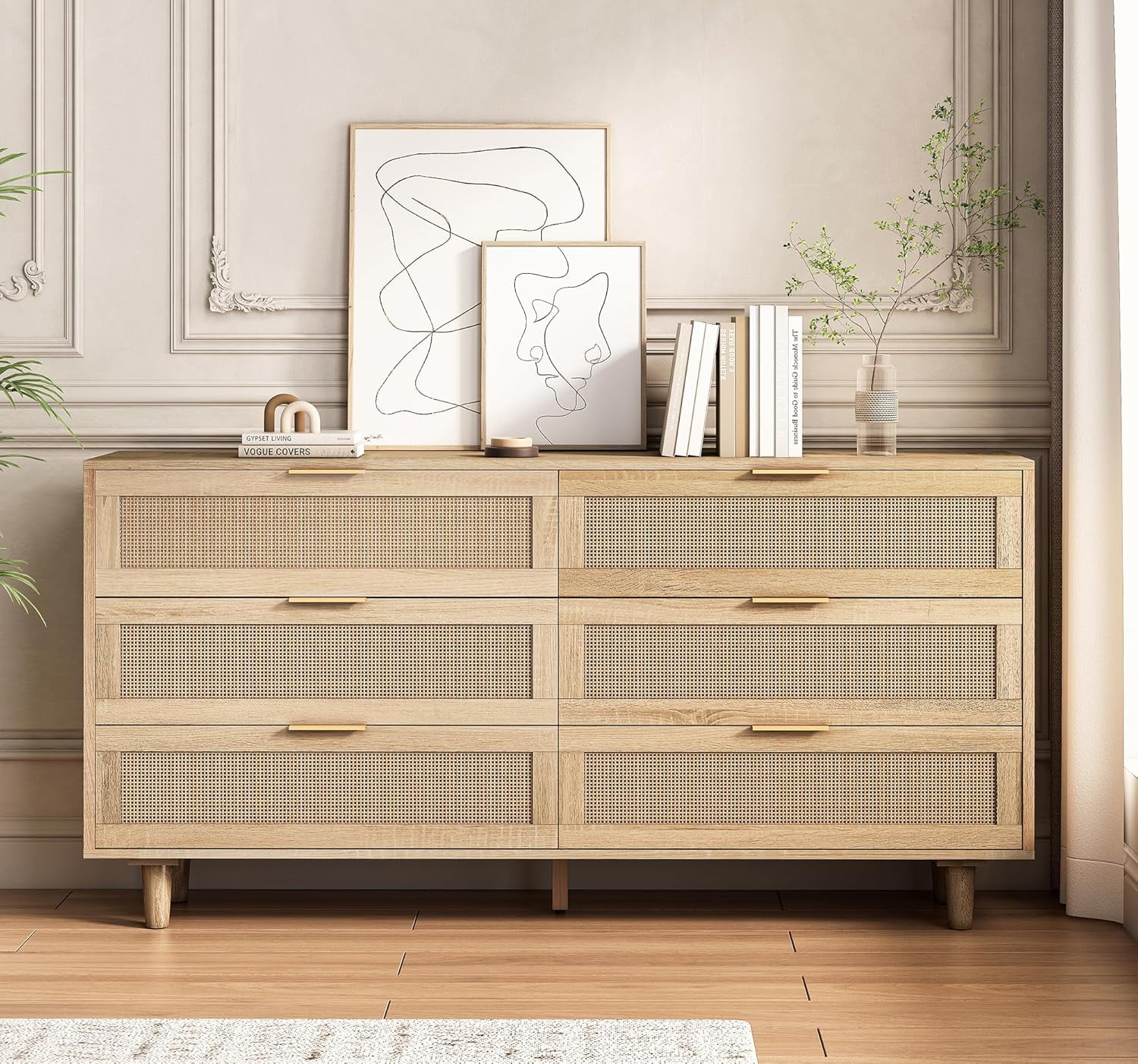 6 Drawer Double Dresser for Bedroom,Natural Rattan Modern Drawer Chest ...