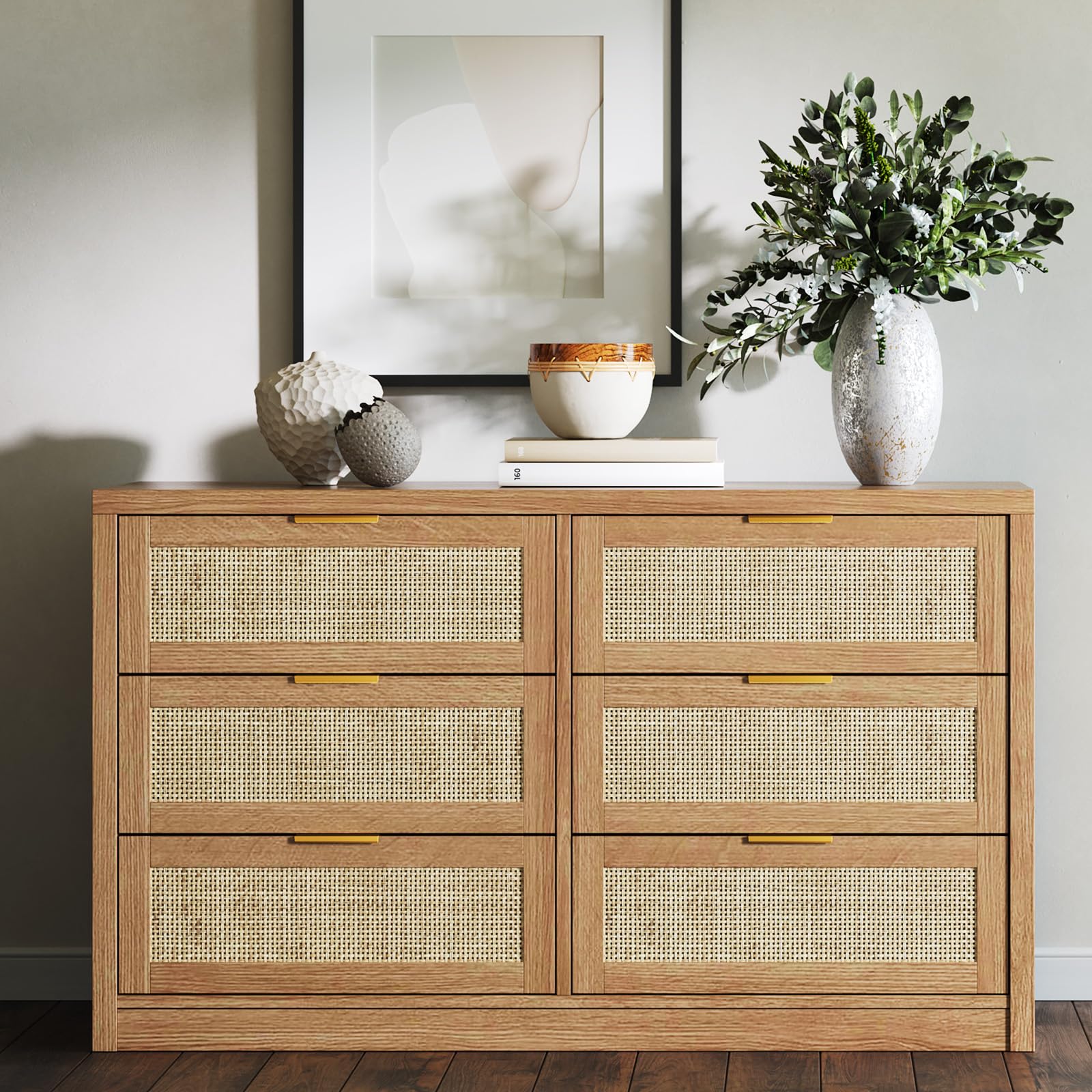 6 Drawer Double Dresser for Bedroom, Rattan Chest of Dressers, Modern ...