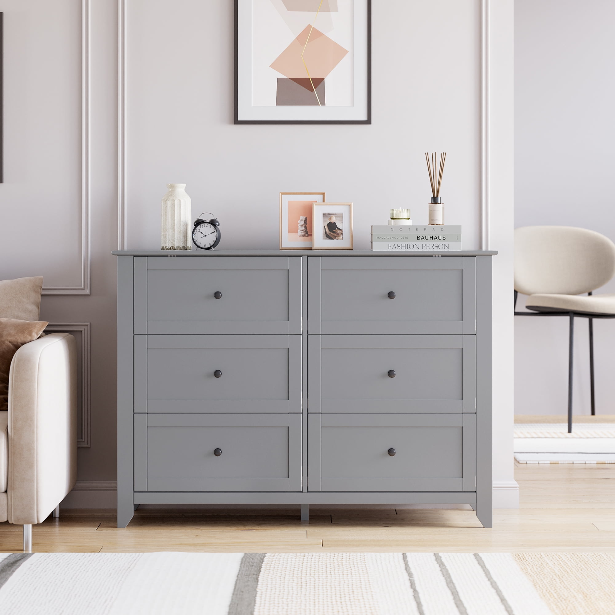6 Drawer Double Dresser, Modern Chest of Drawer Dresser with Nickel ...