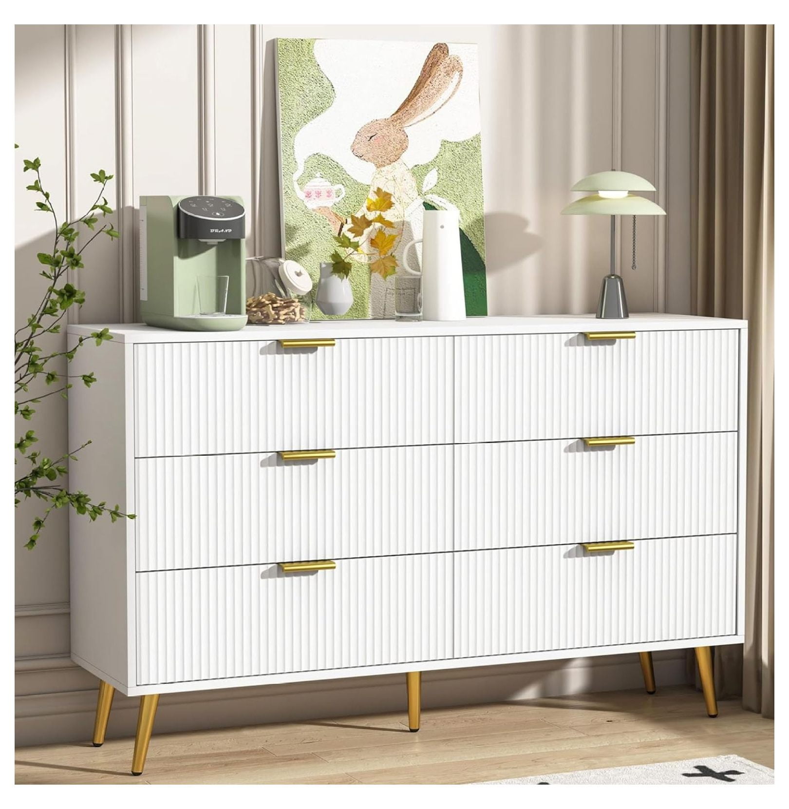 6 Drawer Double Dresser, Modern Dressers Chest of Drawers with Fluted ...