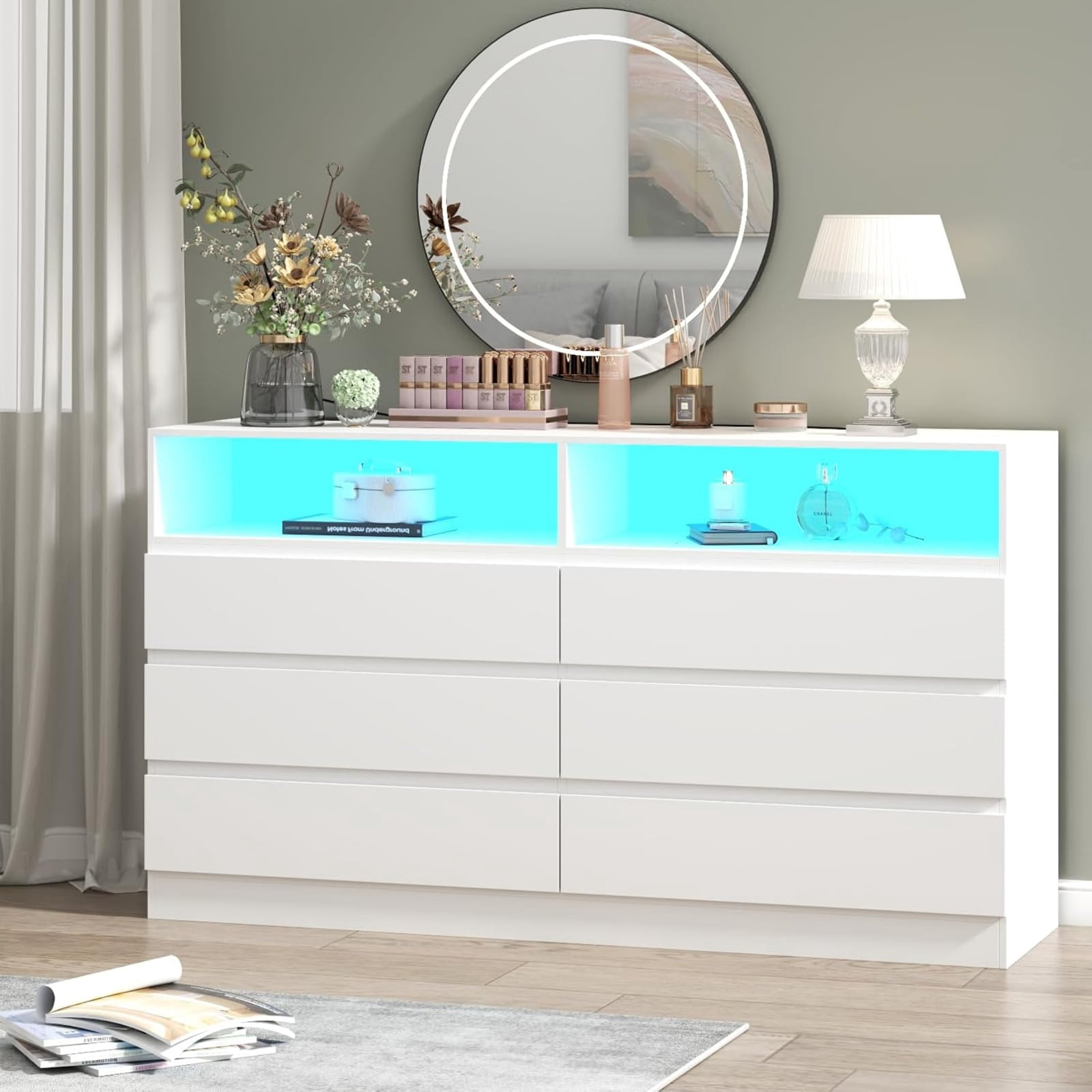 6 Drawer Double Dresser with Power Outlet, Accent Chests of Drawers ...