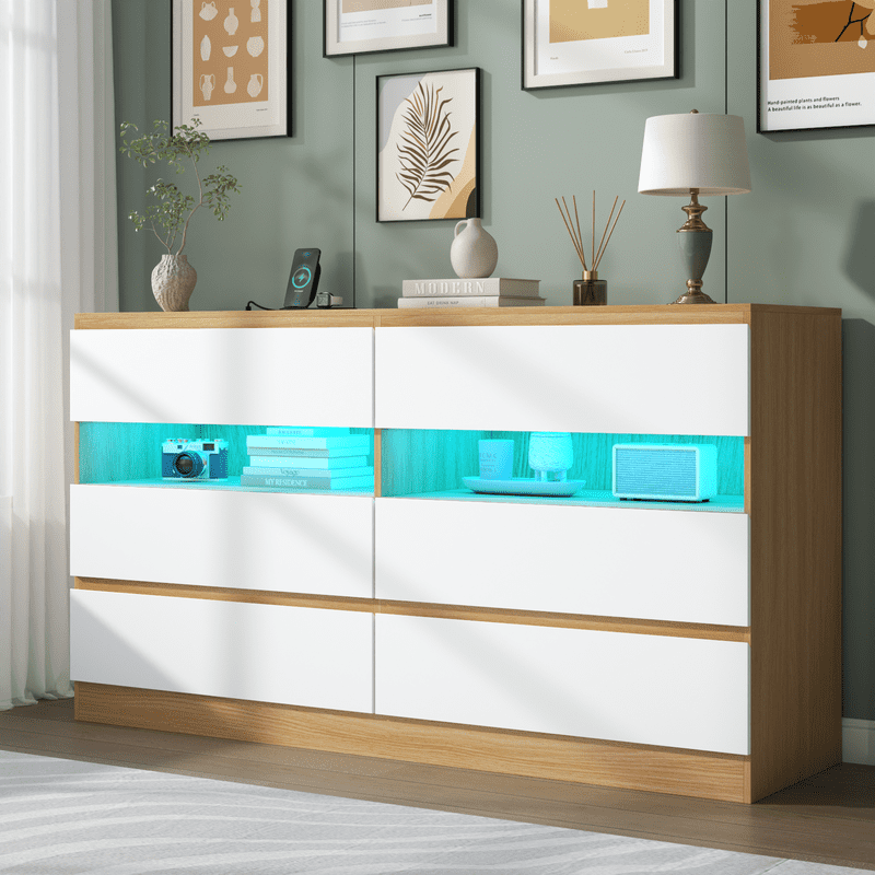 6 Drawer Double Dresser with Power Outlet, Modern Chest of Drawers with ...